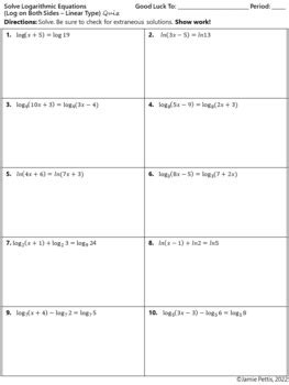 Solving Logarithmic Equations Quizzes Test By Doing Math TPT