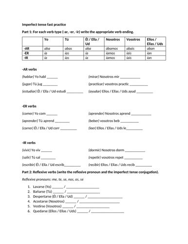 Imperfect Tense Fast Practice Teaching Resources