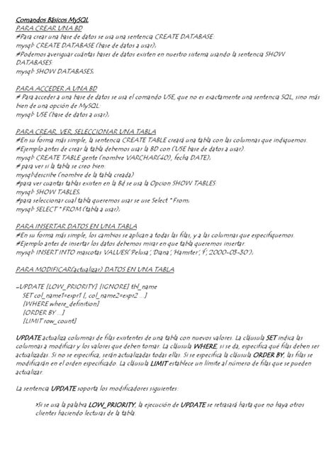 Comandos Básicos Mysql Pdf Tabla Base De Datos Software De