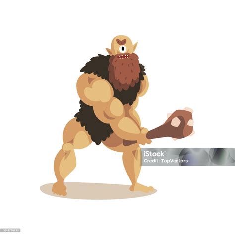 곤 고 대 신화에 나오는 생물 만화 벡터 일러스트 레이 션에 흰색 배경으로 화가 Cyclops 원시인 사이클롭스에 대한 스톡