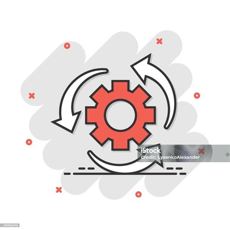 코믹 스타일의 워크플로우 프로세스 아이콘입니다 화살표 벡터 만화 일러스트 픽토그램 기어 톱니 바퀴 워크플로 비즈니스 컨셉