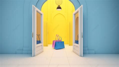 쇼핑백 아치형 통로를 통과하는 열린 문 애니메이션 출입구 최소 만화 개념을 통해 떠다니는 쇼핑백과 함께 노란색과 파란색 배경에 3d 열린 문 할인 판촉 판매 배너 웹