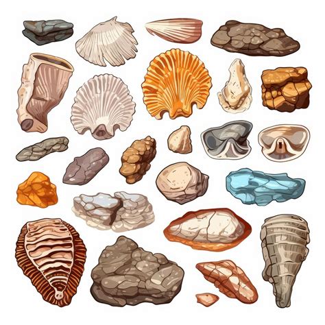 Fossils Set Archeologic Fossil Dig Collection Isolated Fossilized Prints Of Prehistoric Plants