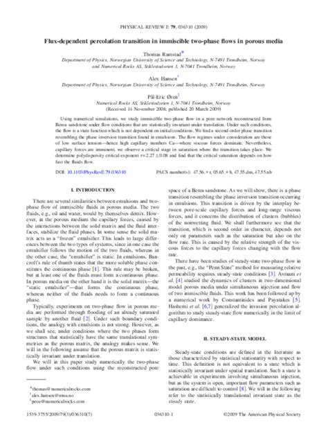 Pdf Flux Dependent Percolation Transition In Immiscible Two Phase Flows In Porous Media