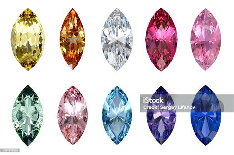다양한 색상의 후작 컷 보석은 흰색 배경에 분리되어 있습니다 자수정 아쿠아 마린 사파이어 토파즈 루비 전기석 황수정 0명에 대한 스톡 사진 및 기타 이미지 Istock