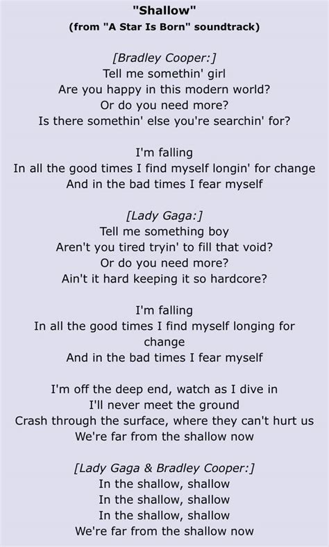 Shallow Lady Gaga And Bradley Cooper Lyrics A Star Is Born Soundtrack Lyrics Bradley Cooper