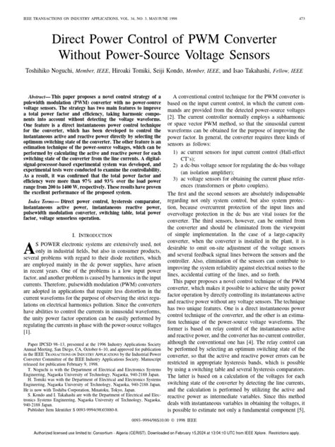 Direct Power Control Of Pwm Converter Without Power Source Voltage Sensors Pdf Ac Power