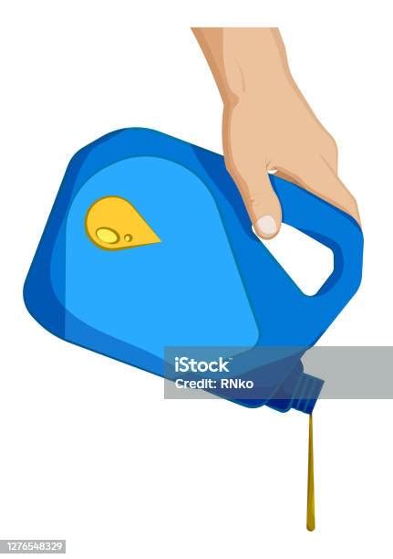 수리인 남성 핸드는 플라스틱 캐니스터를 들고 자동차 기름을 붓습니다 안정적인 기계 엔진 작동 서비스 센터에서 자동차 유지 보수