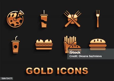 샌드위치 포크 버거 판지 포장 상자에 감자 튀김 밀짚 물을 마시는 종이 유리 교차 포크 피자 및 아이콘을 설정합니다 벡터 감자 요리에 대한 스톡 벡터 아트 및 기타 이미지