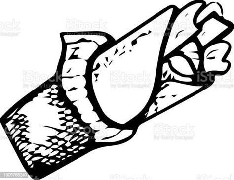 랩 아이콘 흰색 배경에 흑백 격리 된 요소 길거리 음식 컬렉션 포장 된 롤의 개요 일러스트레이션 손으로 그린 스케치 후에 만들어진 벡터 이미지입니다 롤 샌드위치에 대한 스톡