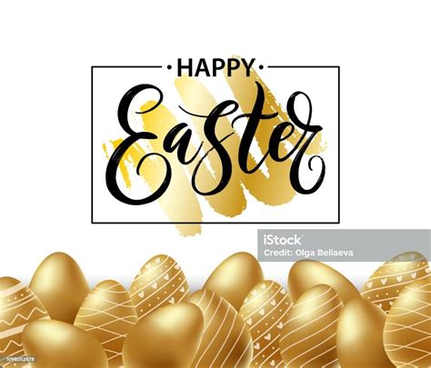 작성 현실적인 황금 빛을 가진 행복 한 부활절 타이포 그래피 레터링 손 달걀 장식 초대장 인사말 카드 프로 모션 포스터 전단지 웹 배너 사회 미디어 골든 텍스처입니다 3차원