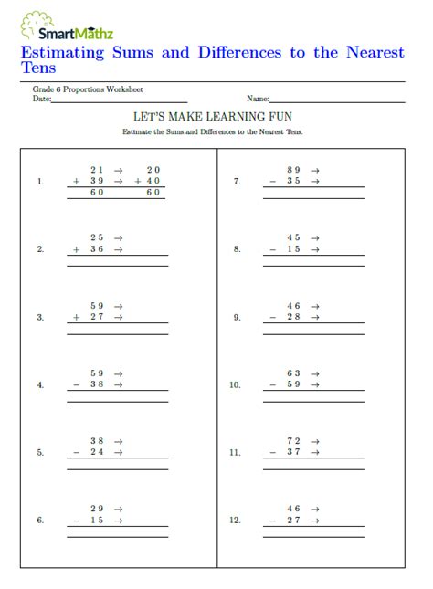 Estimating Differences Worksheets