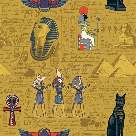 Egyptian Ancient Gods Religious Symbols And Pyramides Seamless Pattern
