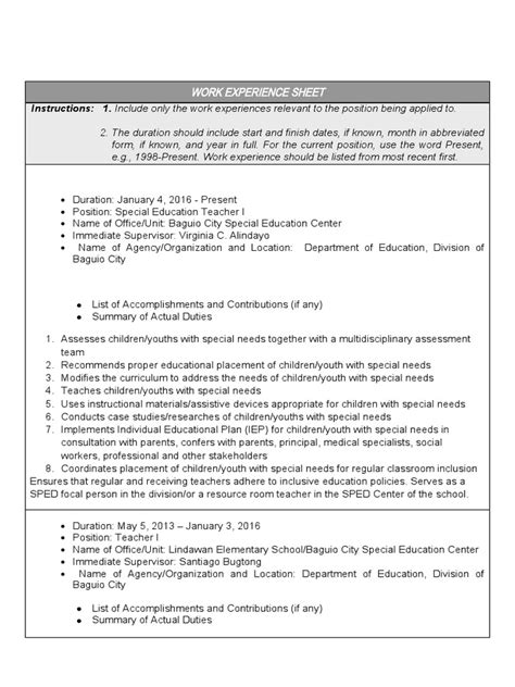 Cs Form No 212 Work Experience Sheet Pdf Special Education Teachers