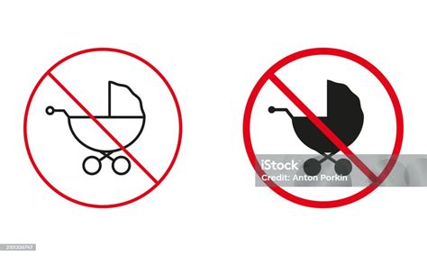 유모차는 허용되지 않으며 유모차 경고 표지판이 설치되어 있습니다 신생아 유모차 금지 상징입니다 유모차 라인과 실루엣 아이콘을 금지합니다 고립된 벡터 삽화 0명에 대한 스톡