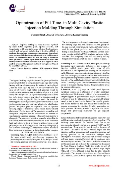 pdf optimization of fill time in multi cavity plastic injection