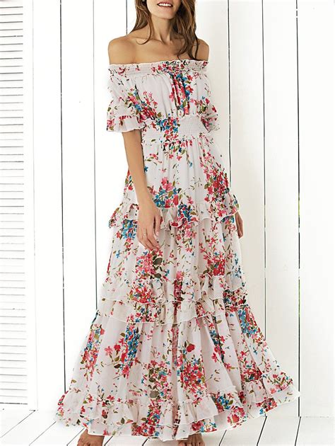 Bohemian Off The Shoulder Floral Shirred Flounce Maxi Dress For Women