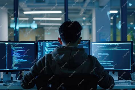Premium Photo Male Programmer Coding In A Dark Room With Dual Monitors