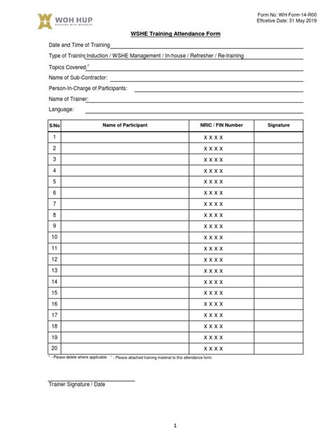 Sic Form No Wh Form 14 R00 Wshe Training Attendance Form Pdf