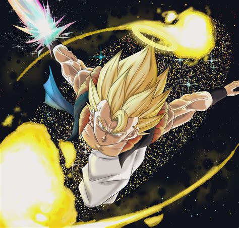 Gogeta Dragon Ball Highres Tagme Blonde Hair Flying Fusion Green Eyes Halo Ki Blast