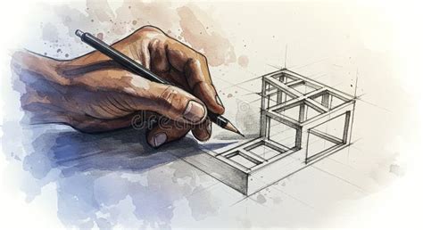 A Hand Drawing A Three Dimensional Cube Structure With A Pencil On A