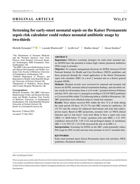 Pdf Screening For Early‐onset Neonatal Sepsis On The Kaiser Permanente Sepsis Risk Calculator
