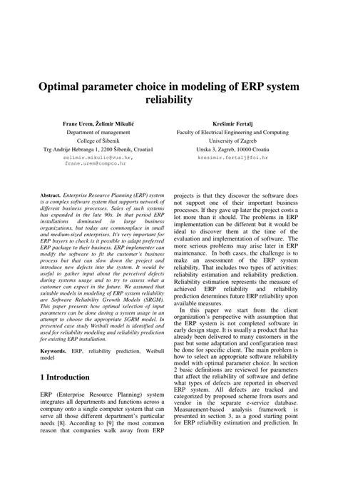 pdf optimal parameter choice in modeling of erp system reliability