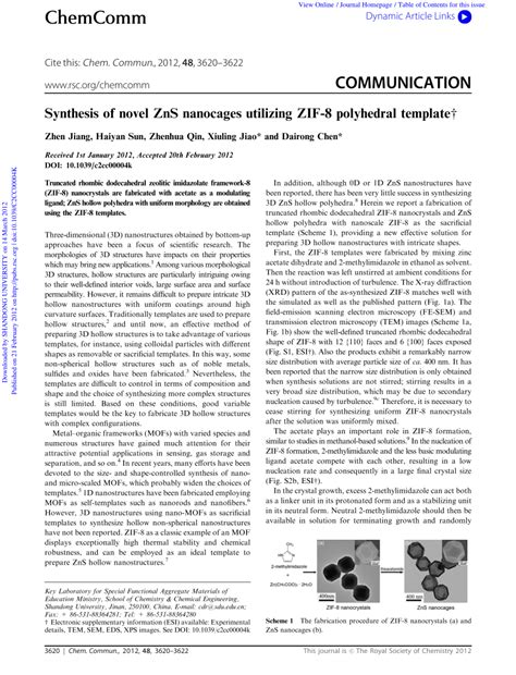 pdf synthesis of novel zns nanocages utilizing zif 8 polyhedral template