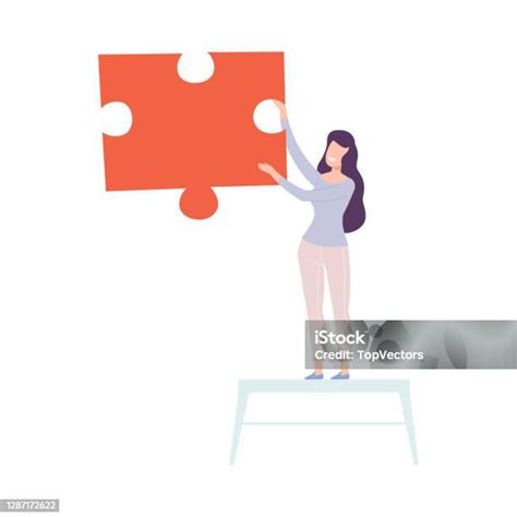 퍼즐 요소를 연결하는 젊은 여자 추상퍼즐을 조립 큰 빨간 직소 조각을 들고 소녀 어려운 문제 만화 스타일 벡터 일루비스트 해결