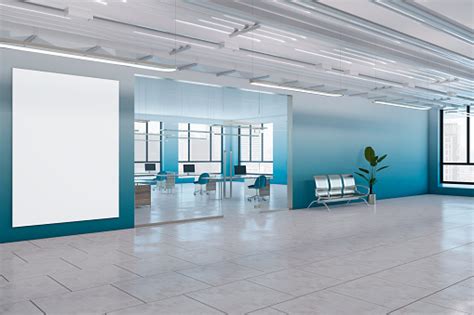 현대적인 파란색 사무실 복도 인테리어에는 빈 흰색 모형 포스터 가구 창문 및 도시 전망이 있습니다 3d 렌더링 0명에 대한 스톡 사진 및 기타 이미지 Istock