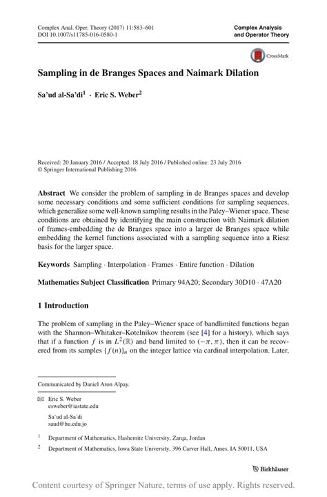 Sampling In De Branges Spaces And Naimark Dilation Request Pdf