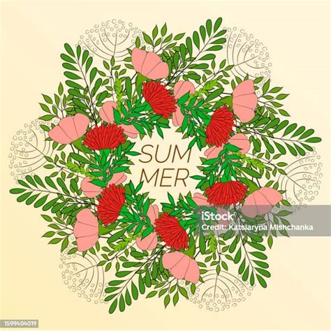 꽃과 녹색 잎의 화환 형태로 여름 꽃 배경입니다 엽서 브로셔 디자인 고풍스런에 대한 스톡 벡터 아트 및 기타 이미지 고풍스런