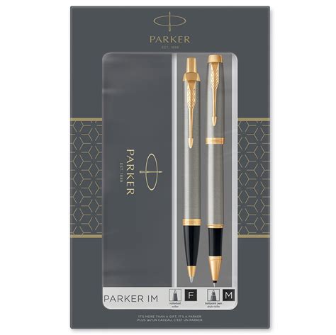Parker Im Brushed Metal Gold Trim Ballpoint And Rollerball Pen Set The