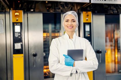 Feliz Inspectora De Fábrica De Alimentos Con Tableta Parada En La