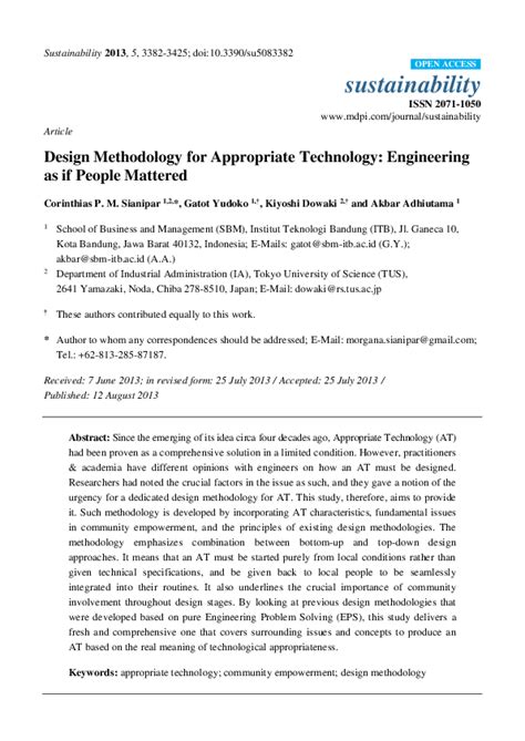 Pdf Design Methodology For Appropriate Technology Engineering As If People Mattered
