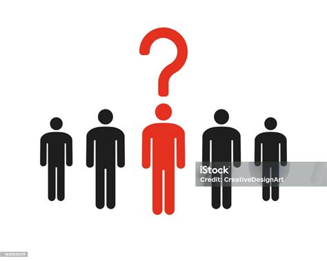 물음표 아래에 서 있는 빨간색 생각하는 인간 아이콘이 있는 막대기 그림 개념에 대한 스톡 벡터 아트 및 기타 이미지 개념