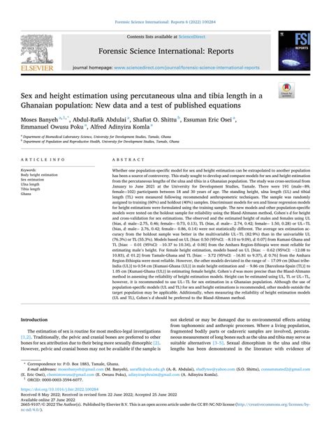 PDF Sex And Height Estimation Using Percutaneous Ulna And Tibia Length In A Ghanaian