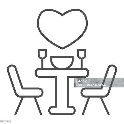 레스토랑 씬 라인 아이콘 발렌타인 데이 컨셉 흰색 배경에 의자와 하트 사인이있는 세트 테이블 모바일 컨셉의 윤곽 스타일인 낭만적