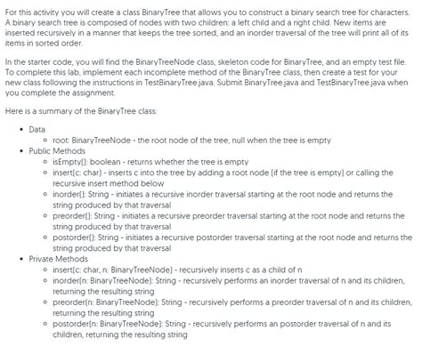Solved For This Activity You Will Create A Class Binary Tree