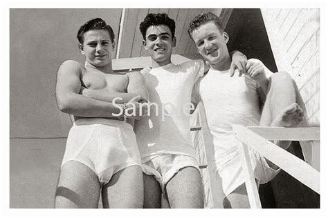 Vintage 1940s Photo Reprint Near Nude Soldiers Bulge And Smile In Camp