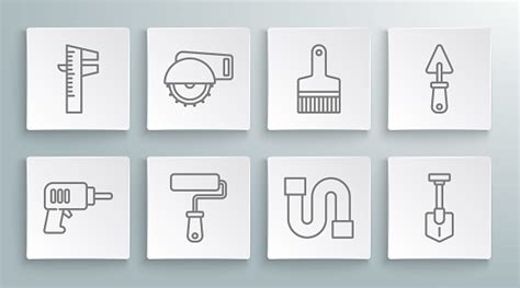 세트 라인 전기 드릴 머신 원형 톱 페인트 롤러 브러시 산업 파이프 삽 흙손 및 캘리퍼스 또는 캘리퍼스 및 스케일 아이콘 벡터 건설 기계류에 대한 스톡 벡터 아트 및 기타