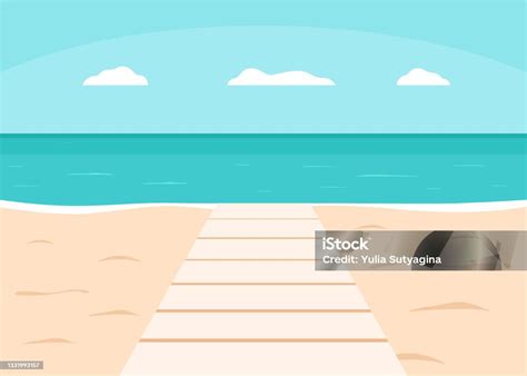 휴가를 위해 바다와 해변에서 산책로 또는 산책로 여름 야외 데크 부두 모래 해안이있는 해안과 해변 물로 가는 나무 길 벡터 일러스트레이션 해변에 대한 스톡 벡터 아트 및