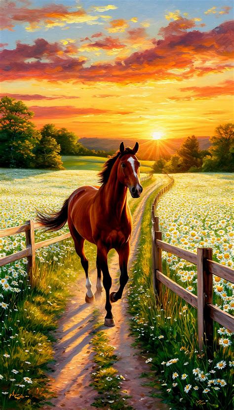 Лошадь в ромашковом поле 🌼🌼🌼 в 2025 г Картина лошади Пейзажи Лошади