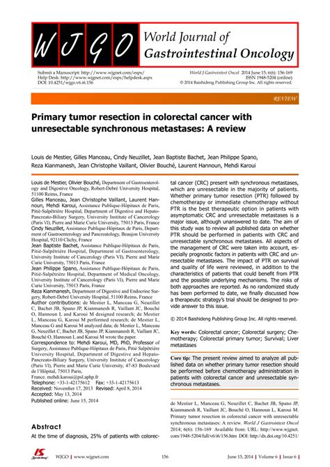 Pdf Primary Tumor Resection In Colorectal Cancer With Unresectable Synchronous Metastases A