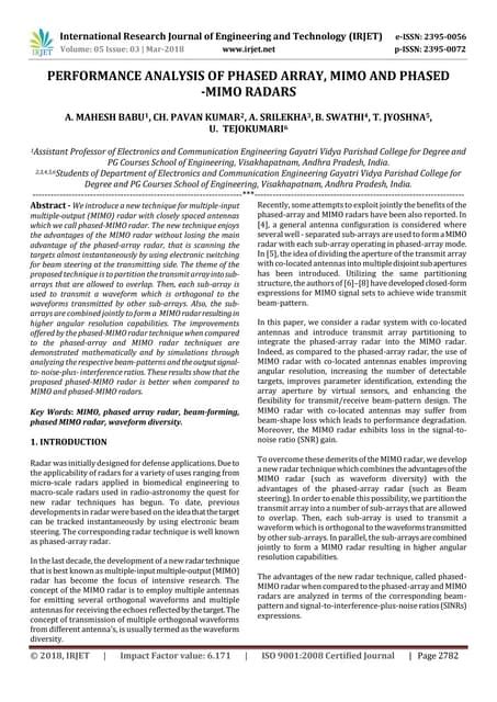 Irjet Performance Analysis Of Phased Array Mimo And Phased Mimo Radars Pdf