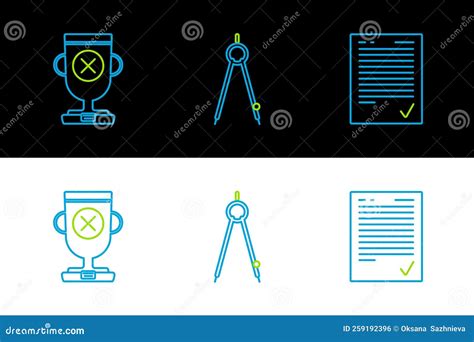 Set Line Exam Sheet With Check Mark Award Cup And Drawing Compass Icon Vector Stock Vector