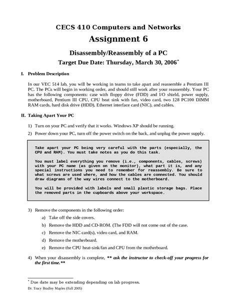 Disassembly And Reassembly Of A Pc Assignment 6 Cecs 410 Docsity