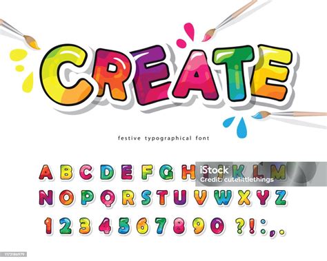 아이들을위한 만화 다채로운 글꼴입니다 창조적 인 페인트 Abc 문자와 숫자 밝은 광택 알파벳입니다 용지를 잘라냅니다 포스터 배너