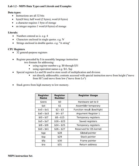 lab 1 2 mips data types and literals and examples