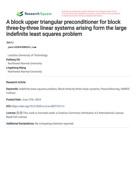Pdf A Block Upper Triangular Preconditioner For Block Three By Three Linear Systems Arising